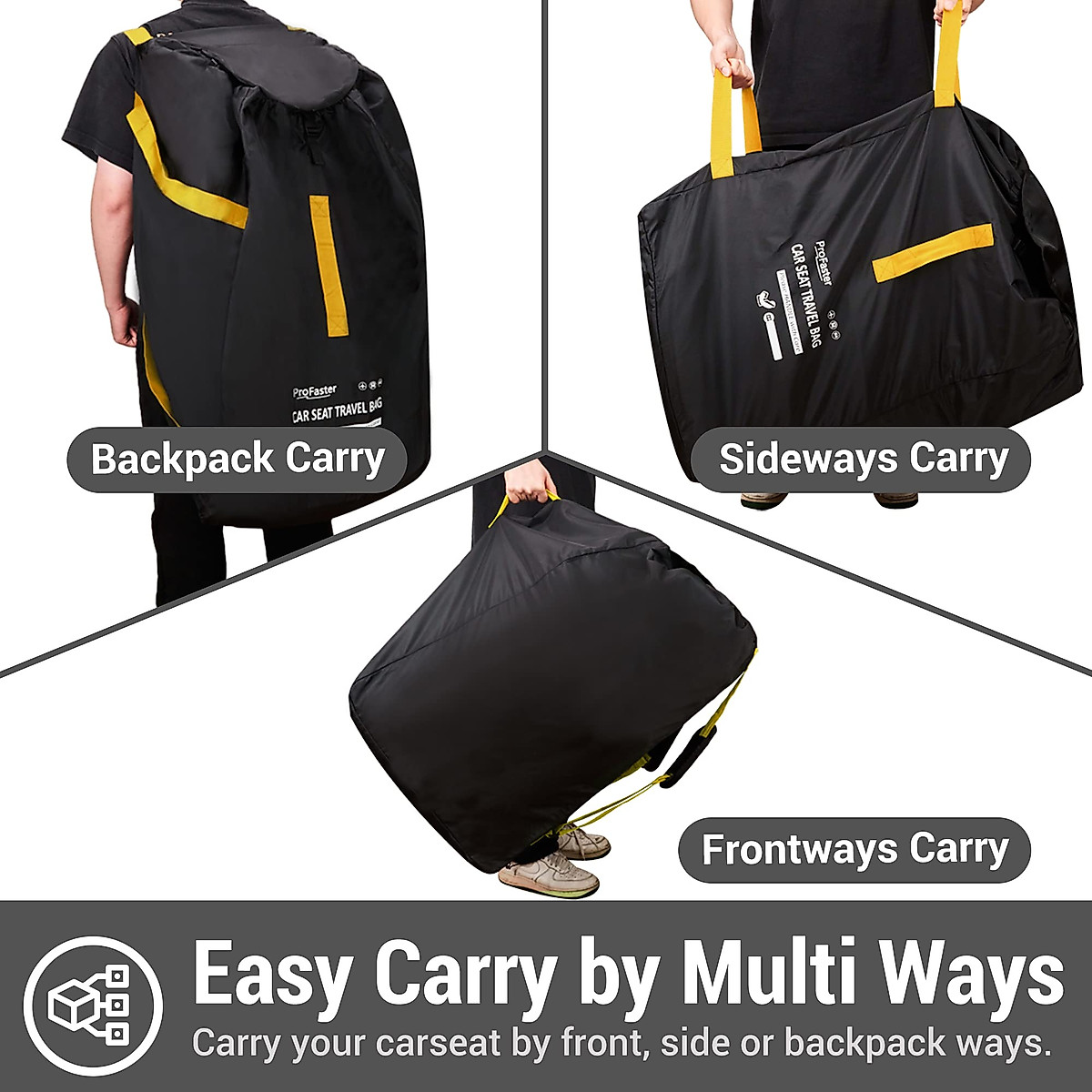 ProFaster Car Seat Travel Bag Backpack for Air Travel - Karfast Universal Infant Carseat Gate Check Bag Cover for Airplane, Foldable with Pouch, Yellow