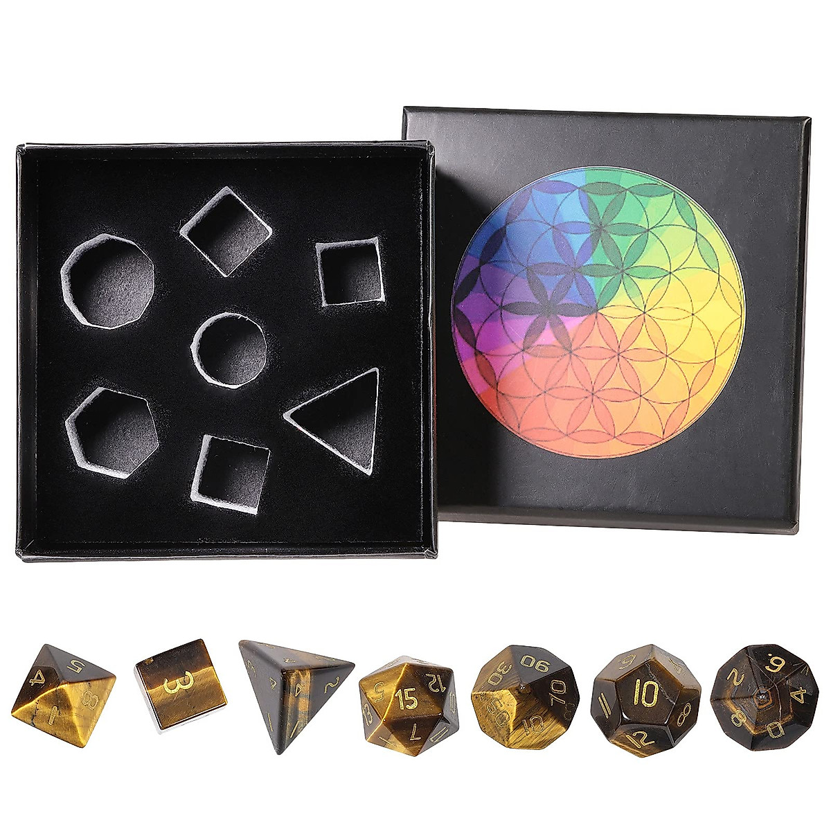 rockcloud Tiger's Eye DND Polyhedral Dice Set of 7, Healing Crystal Stone Hand-Made Dices with Dice Box for RPG MTG Table Games Home Office Decor