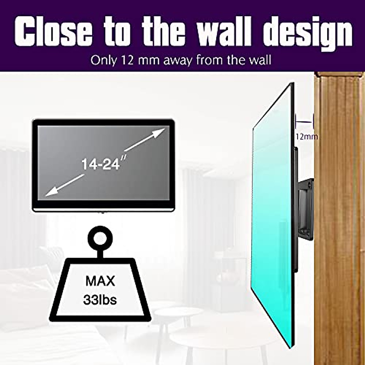 SJBRWN RV TV Wall Mount Fit Most 14-24 Inch Flat Screen Low Profile Metal Bracket Ultra Slim Monitor Mount 17 19 21" Fixed Small Camper Monitor Wall Mount Bracket VESA Up to 100x100mm Max Load 33lbs