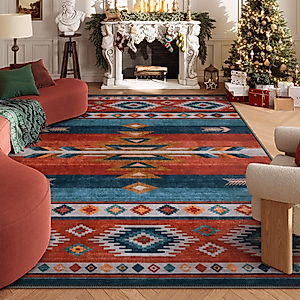 LIVEBOX Washable Native American Christmas Rug 8x10 - Soft Western Rugs for Living Room Thin Non-Slip Rug for Bedroom, Throw Carpet Southwestern Large Rugs for Living Room,(8 x 10 ft, Red Multi)