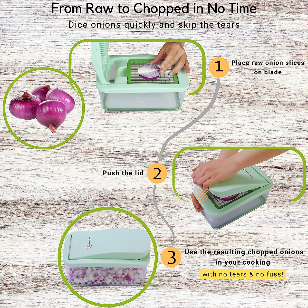 Brieftons QuickPush Food Chopper: Vegetable Chopper Dicer Slicer, Onion Chopper Vegetable Cutter, 3 Extra-Large Blades with 200% More Cutting Area to Chop Dice Slice Vegetables, 2.6-Quart Container