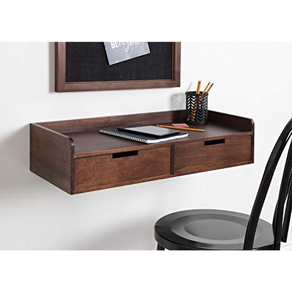 Kate and Laurel Kitt Modern Floating Shelf with Drawers, 28 x 12 x 6.5 inches, Dark Walnut Brown, Chic Floating Storage Console Table or Desk for Wall