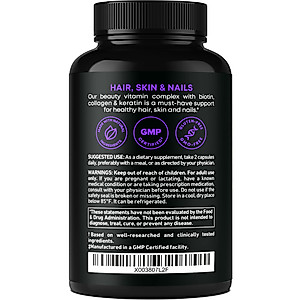 Biotin and Collagen Supplements with Keratin - Hair Vitamins - Hair Skin & Nails Vitamins with Biotin, Collagen, B Complex - Made in USA - Biotin Supplement for Strong Hair, Skin & Nails - 60 Capsules