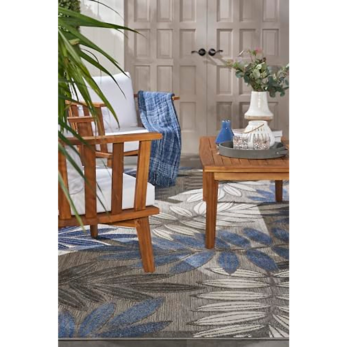 Nourison Aloha Indoor/Outdoor Grey/Blue 6' x 9' Area Rug, Easy Cleaning, Non Shedding, Bed Room, Living Room, Dining Room, Backyard, Deck, Patio (6x9)