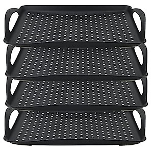 MAHIONG 4 Pack Non Slip Serving Trays, 16.5 x 11.4 x 1.6 Inch Plastic Serving Tray with Handles, Rectangle Anti Slip Food Tray for Snack Fruit Dessert Breakfast Eating, Black
