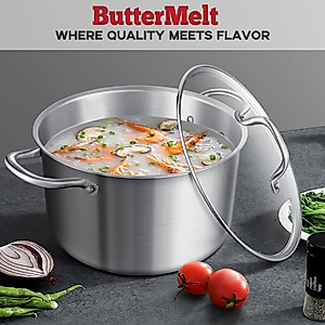 Buttermelt 8 Quart Tri-Ply Stainless Steel Stockpot with Tempered Glass Lid - Exceptional Heat Distribution for Delicious Soups, Stews, and More (8 QT, Glass Lid)