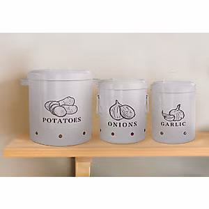 KooK Potato, Onion & Garlic Kitchen Storage Canisters, Rustic Farmhouse Containers with Aerating Holes, Vintage Vegetable Tins, Set of 3, 5 Liter, 2 Liter & 1 Liter (Slate Grey)