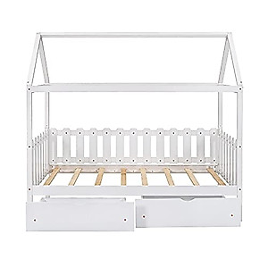 Lifeand Twin Size House Bed with 2 Drawers, Fence-Shaped Guardrail and Sky Roof, Solid Wood Bedframe for Gilrs Boys,White