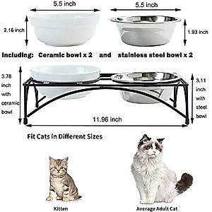 FOREYY Elevated Cat Bowls with 2 Ceramic Bowls and 2 Stainless Steel Bowls,Raised Cat Food Water Bowl with Iron Stand,Porcelain Pet Dishes for Cats and Small Dogs,16 Ounces,Dishwasher Safe