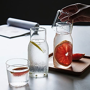 YOUEON 4 Pcs 17 Oz Bedside Water Carafe and Glass Set, Water Carafe with Glass Cup for Nightstand, Glass Mouthwash Bottle, Clear Juice Pitcher, Carafe with Cup for Kitchen, Bedroom or Bathroom
