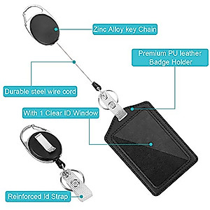2 Pack Badge Holders, Vertical PU Leather ID Badge Card Holder with 1 Clear ID Window, with Detachable Neck Lanyard Strap and Retractable Badge Reel ID Card Holders Set