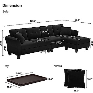 Belffin Black Velvet Sectional Couch L Shaped Sofa 4 Seat Sofa with Chaise Convertible L-Shaped Couches Reversible Sectional Sofa Black