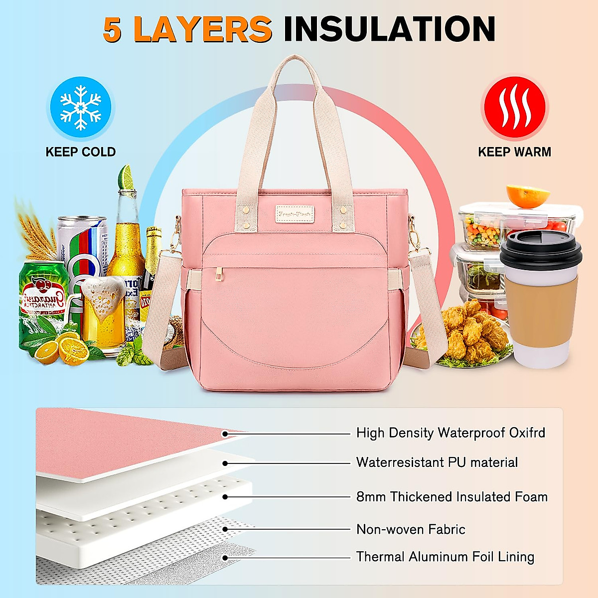 Fresh-flash Women's Large Insulated Lunch Bag, Pink, Reusable, Leakproof, Thermal, 13.8"L x 11.8"H x 6.5"W