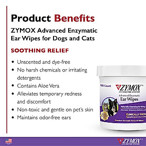 Zymox Advanced Enzymatic Ear Wipes for Dogs and Cats - for Dirty, Waxy, Smelly Ears - Premium Strength Ear Cleaner Wipes - Non-Irritating - Hypoallergenic - 100 ct