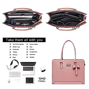 MOSISO Laptop Tote Bag for Women, 15.6 inch PU Leather Laptop Bag Compatible with MacBook, HP, Dell, Asus Notebook, Large Capacity Woven Travel Work Office Computer Briefcase & Clutch Purse, Pink