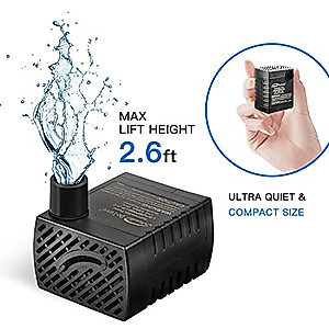 Simple Deluxe 80 GPH Submersible Pump with Adjustable Intake & 6' Waterproof Cord for Hydroponics, Aquaponics, Fountains, Ponds, Statuary, Aquariums & more, Black