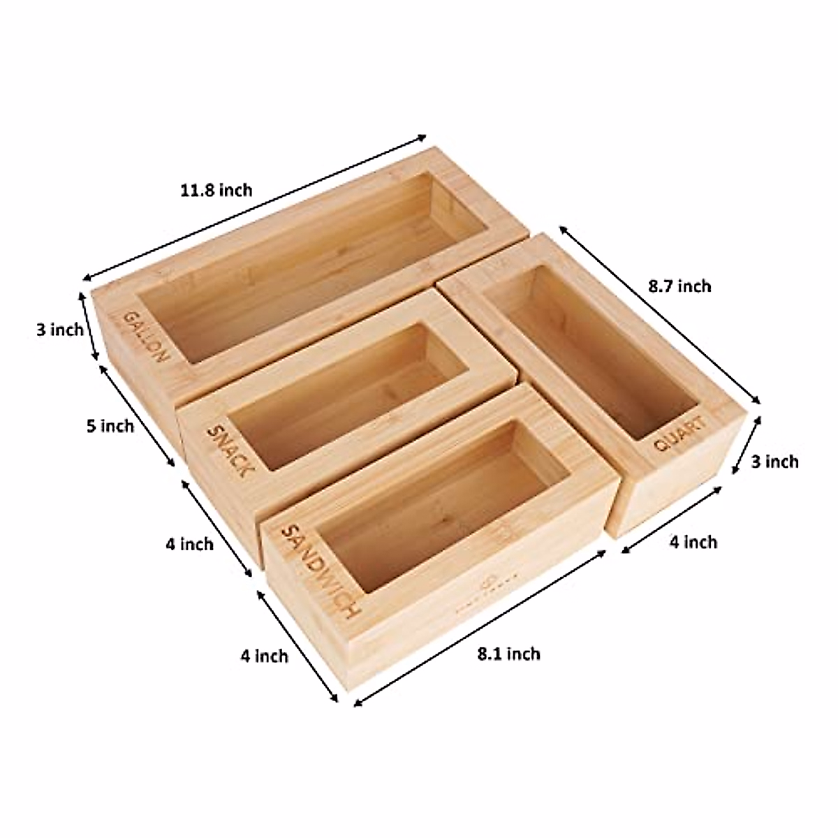 Set of 4 Bamboo Food Storage Bag Organizer with Non-Slip Pads for Gallon, Quart, Sandwich, Snack, Zipper and Slider Bags, Kitchen Drawer Organizer for Ziploc, Glad, Solimo, 365 by WFM, Hefty