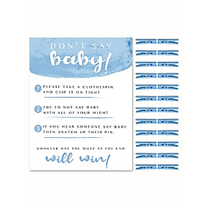 Don't Say Baby Game for Boy with Blue Natural Wooden Clothespins for Baby Shower Pins Game and Cute 5 x 7 Sign - 30 People - by Shower Games & Co.