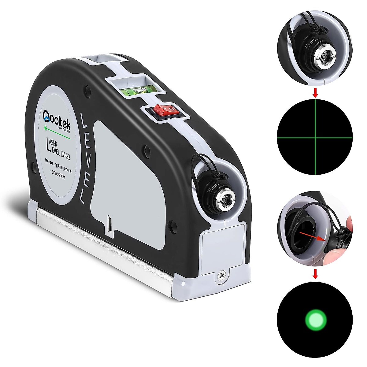 Green Laser Level, Qooltek Rechargeable Multipurpose Cross Line Laser Tool with Vertical and Horizontal Line 18FT/5.5M Measuring Tape