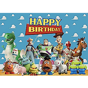 7x5ft Toy Story Theme Happy Birthday Party Photography Backdrops Blue Sky White Clouds Indoor Banner Kids Birthday Party Photo Background Cake Table Decoration Supplies Studio Booth Props