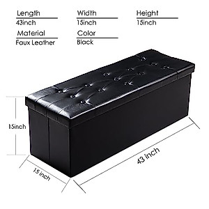 PRANDOM Jumbo Ottoman with Storage [1-Pack] Faux Leather Folding Small Square Foot Stool with Lid for Living Room Bedroom Coffee Table Dorm Black 43x15x15 inches