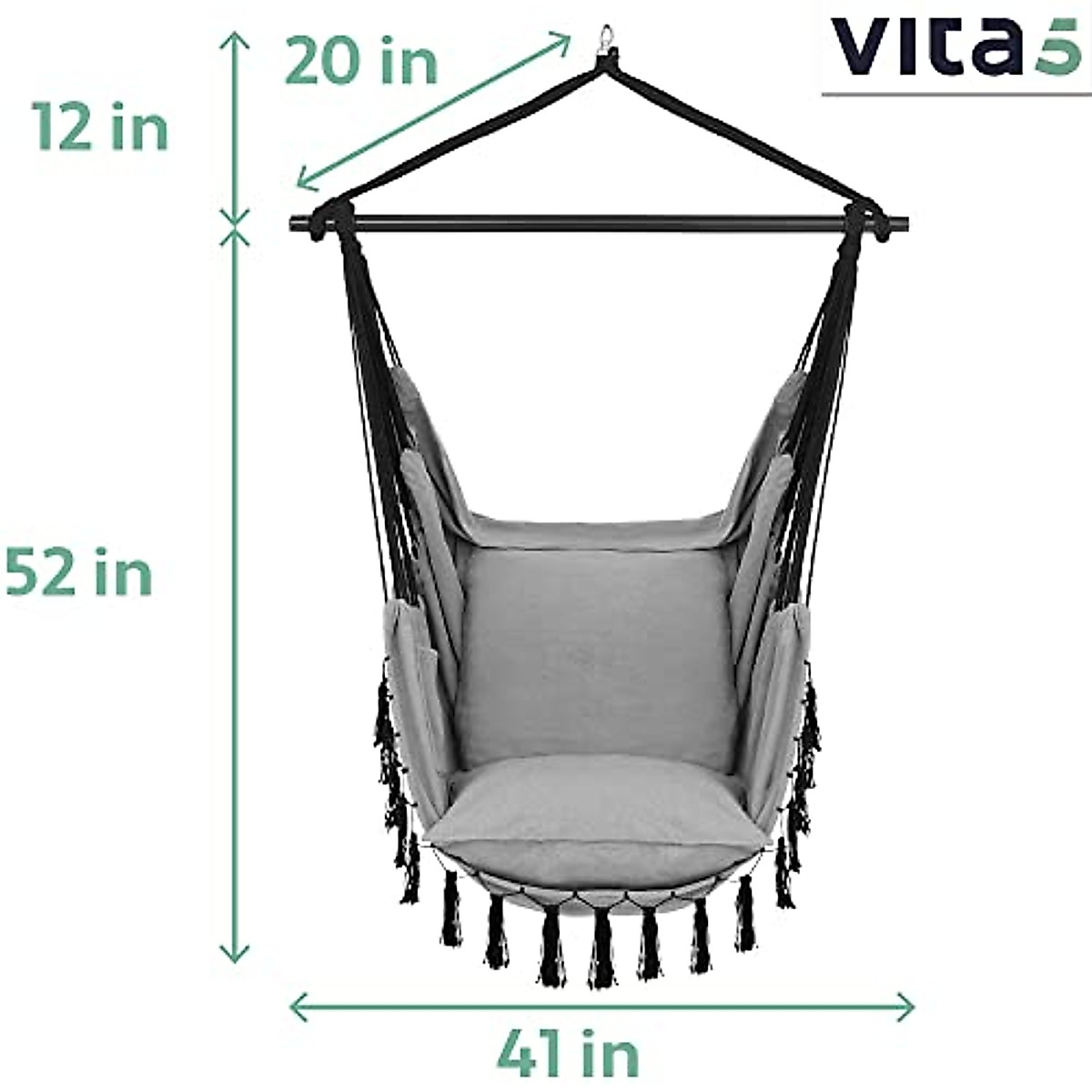VITA5 Hanging Chair Outdoor & Indoor- Sturdy & Safe Hammock Chair - Stylish Boho Hanging Chair for Bedroom Decor - Easy to Assemble Hammock Swing - Comfy Padded Hanging Swing - Swinging Chair