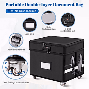 Fireproof Document Box with Lock, 2 Layer File Organizer Box with Wheels, Collapsible Safe File Box Document Organizer for Home Office,Rolling File Cabinet for Hanging Letter/Legal Folder