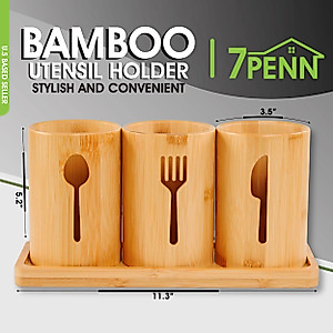 7Penn Standing Utensil Organizer Caddy - 3 Cup Bamboo Countertop Utensil Holder for Party Camping and Kitchen