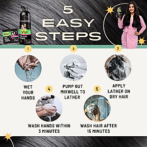 VIP 5 in 1 Hair Color Shampoo (400ml Bottle + 2 Sachets) (black) For Hairs, Mustache, Beard, Chest & hands, Ammonia Free Instant Hair Colour Can be Applied with Bare Wet hands