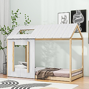 THINK 30 House Platform Bed, Platform Bed with Roof and Window, Twin Size, White+Natural
