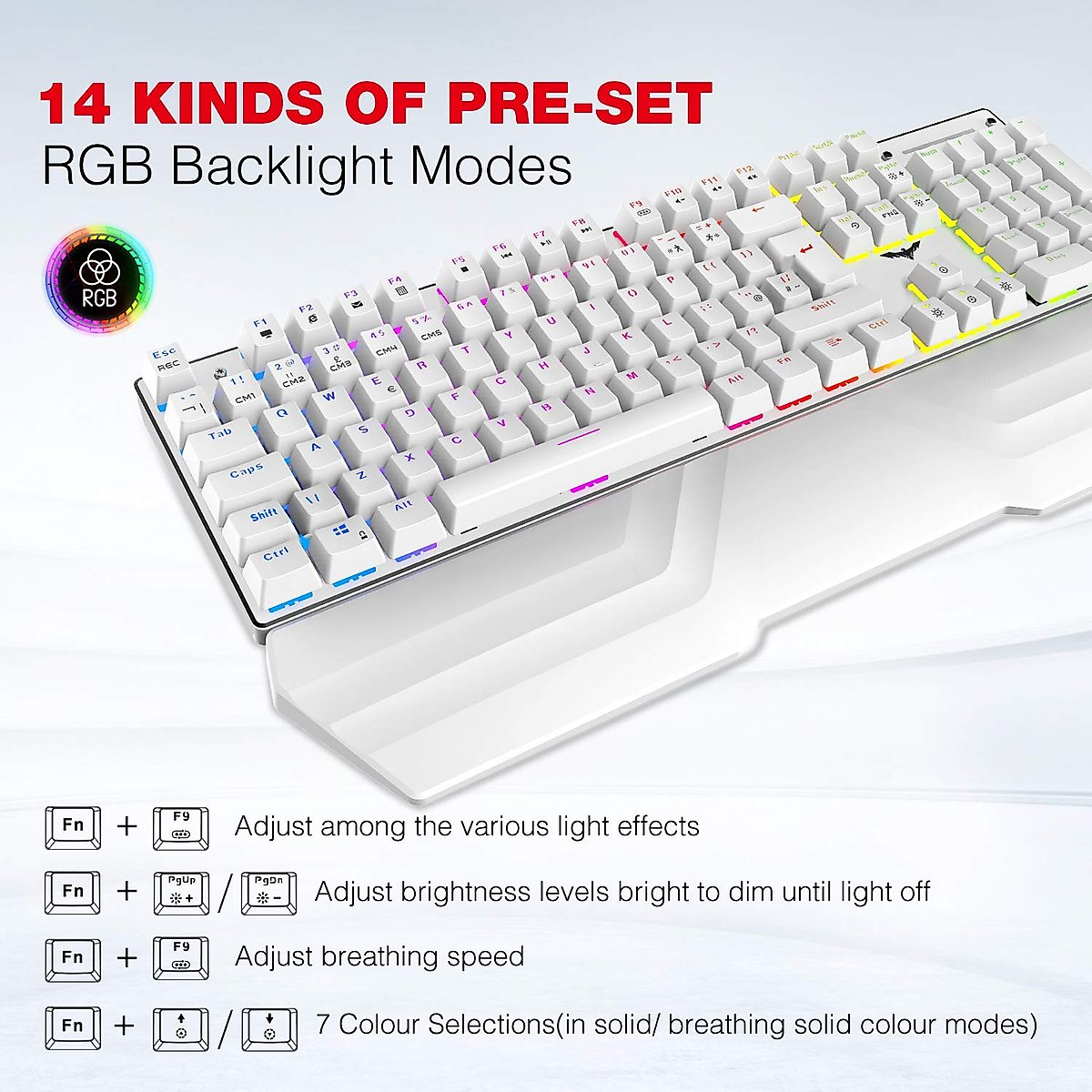 havit Wired RGB Mechanical Gaming Keyboard and Mouse Combo Set UK Layout, Blue Switch Mechanical Keyboard with Detachable Ergonomic Wrist Rest 4800Dots Per Inch Programmable Wired Mouse, White