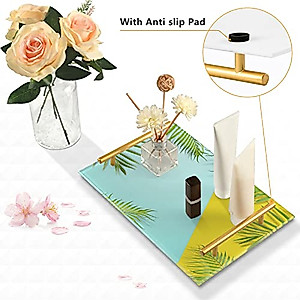 Dallonan Acrylic Bathroom Tray, Rectangular Palm Leaves Yellow Frame Decorative Trays with Gold Handles for Kitchen Food Living Room Dresser Comestic Office Organizer (7.87*11.81in)