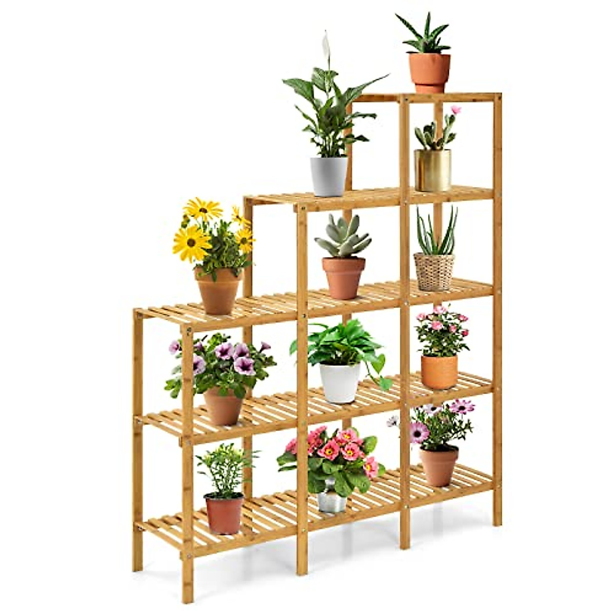 COSTWAY Bamboo Shelf Bathroom, Multifunctional 5-Tier Bamboo Plant Stand, Storage Organizer Rack, Plant Display Stand with Several Storage Cabinet