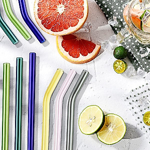 8 Pcs Reusable Glass Straws, 8"x8mm Eco-friendly Drinking Straws for Smoothie, Milkshakes, Tea, Juice, Cocktail Straws, Multi-Color Mixed (8Pcs Bent)