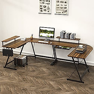 SHW Vista L-Shape Desk with Monitor Stand, Walnut