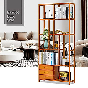 MoNiBloom 4 Tier Bookcase with 3 Drawers, Bamboo Freestanding Ventilated Display Shelf Storage Organizer Cabinet for Bedroom Living Room Office Décor, Brown
