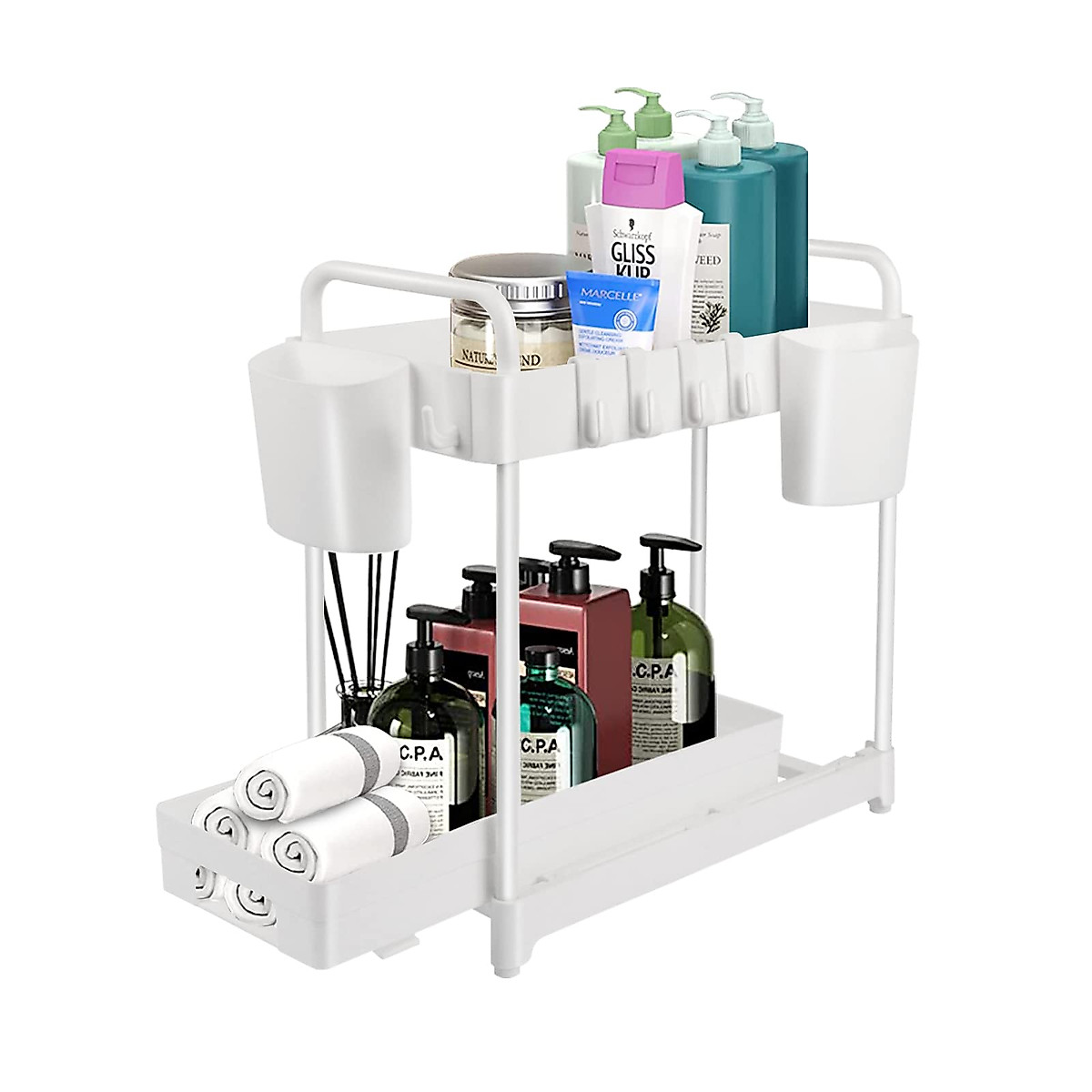 RASHNU Under Sink Organizers and Storage, 2 Tier Under Bathroom Storage Rack with 6 Hooks, Multi-purpose Storage for Bathroom Kitchen Cabinet (White 1 Pack)