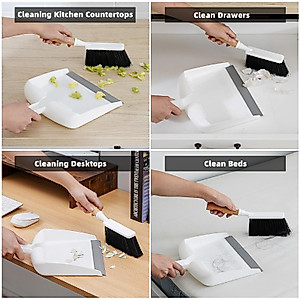 SUBEKYU Dustpan and Brush Set with Bamboo Handle, Hand Mini Broom and Dustpan Set, Small Broom and Dustpan Set for Kitchen/Desktops/Bedroom, White, 1 Set