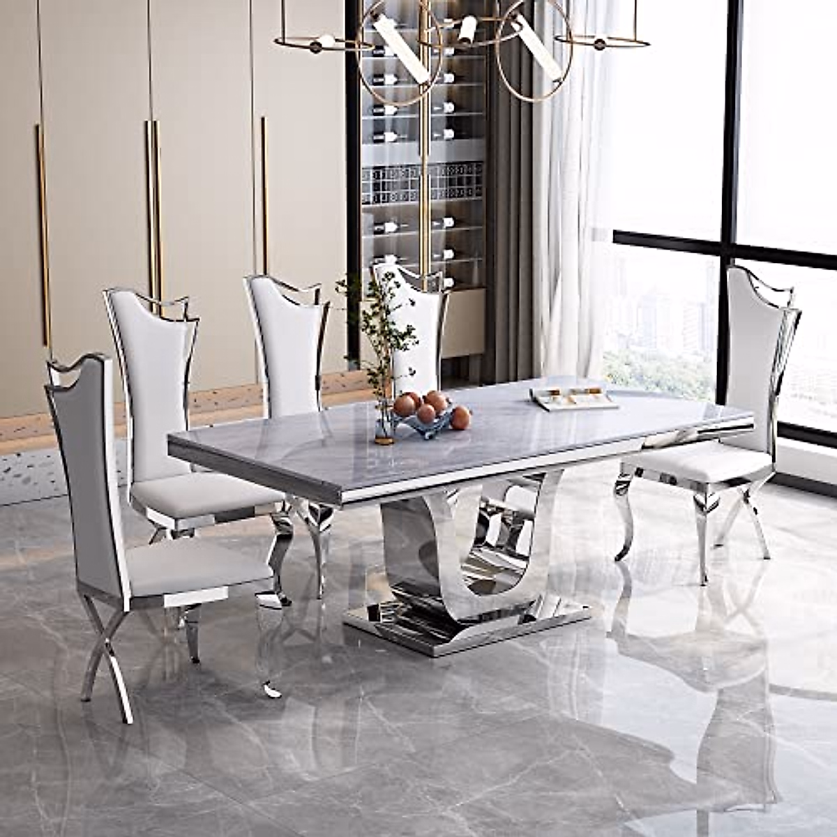 78'' Marble Dining Room Table for 6 or 8, Dining Table with Silver Stainless Steel "U" Shaped Pedestal, Rectangular Kitchen Table with 0.71'' Thick Gray Marble Tabletop, Mirror Finish Base(No Chairs)