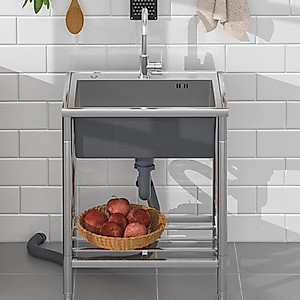 TOCTUS Outdoor Garden Sink Portable Hand Washing Station Single Trough Stainless Steel Commercial Sink Kitchen Bar Laundry Tub 1 Compartment with Storage Shelve and Faucet (Color : Hot and Cold)