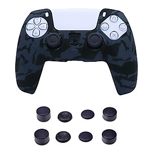 Silicone Cover Skin Case Accessories for Sony PS5 Controller with Pro Thumb Grips Caps Set Camo Black