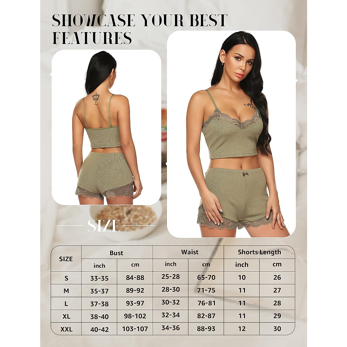 RSLOVE Women's Sleepwear Sexy Pajamas Lingerie Cami Shorts Set Lace Tank Top Shorts Nightwear Olive XL