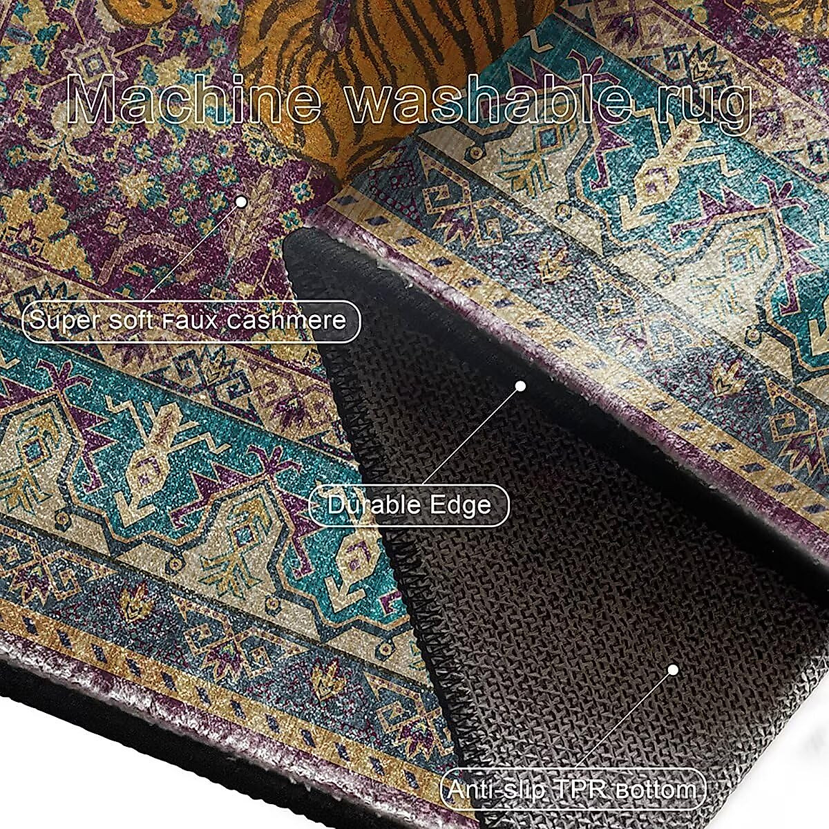 Tibetan Tiger Rug Boho Leopard Print Rug 4x5 ft Animal Print Area Rug for Bedroom Yellow Tiger Carpet for Living Room Non-Slip Washable Door Mat