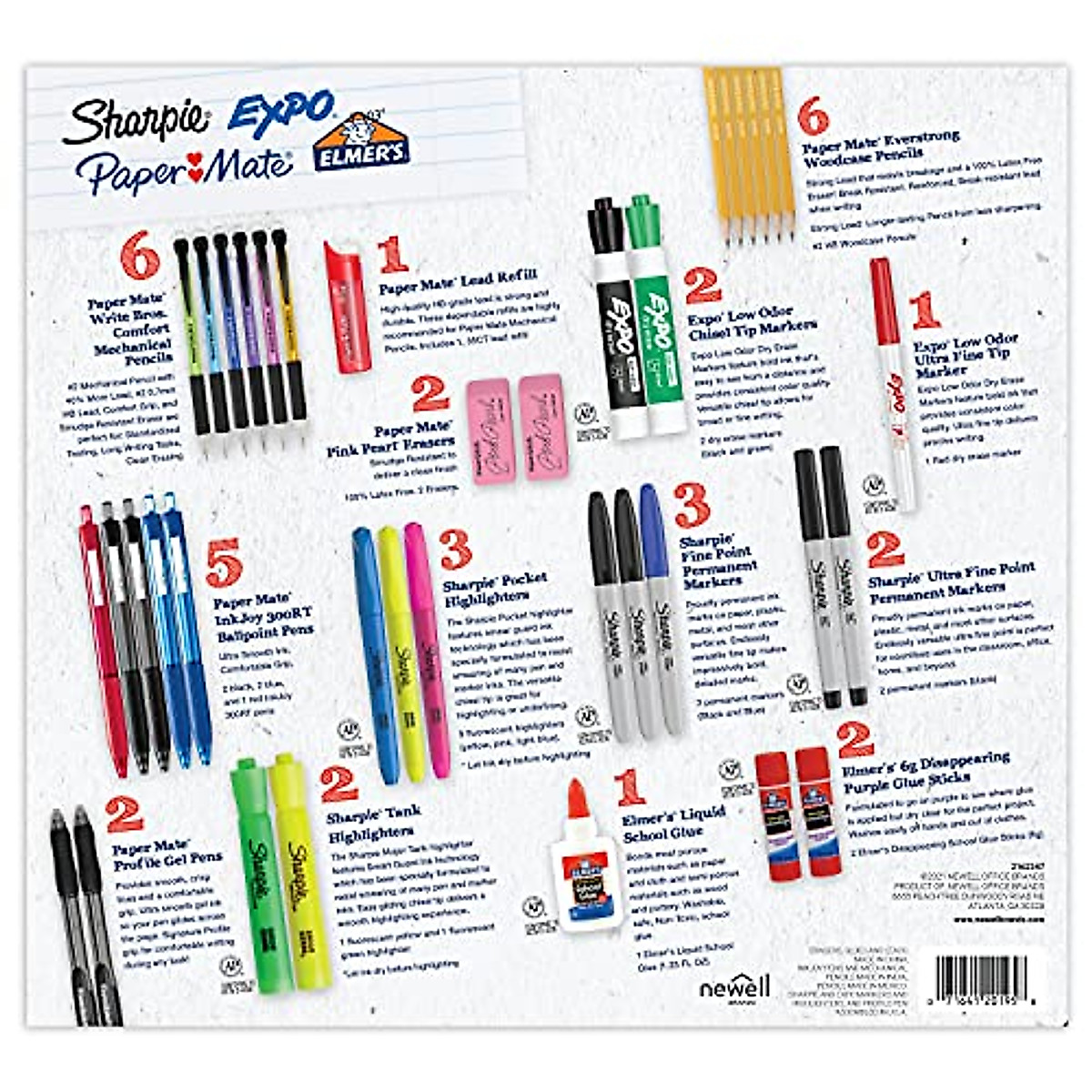 School Supplies Variety Pack, Sharpie, Expo, Paper Mate, Elmer’s, Permanent Markers, Mechanical Pencils, Woodcase Pencils, Ballpoint Pens, Gel Pens, School Glue, Glue Sticks, and More, 38 Count