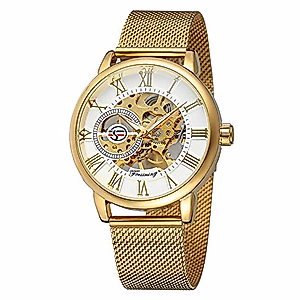 MASTOP Men's Hand-Wind Mechanical Wrist Watch Golden Black Stainless Steel Top Brand with Luxury Skeleton Dial (Gold White)