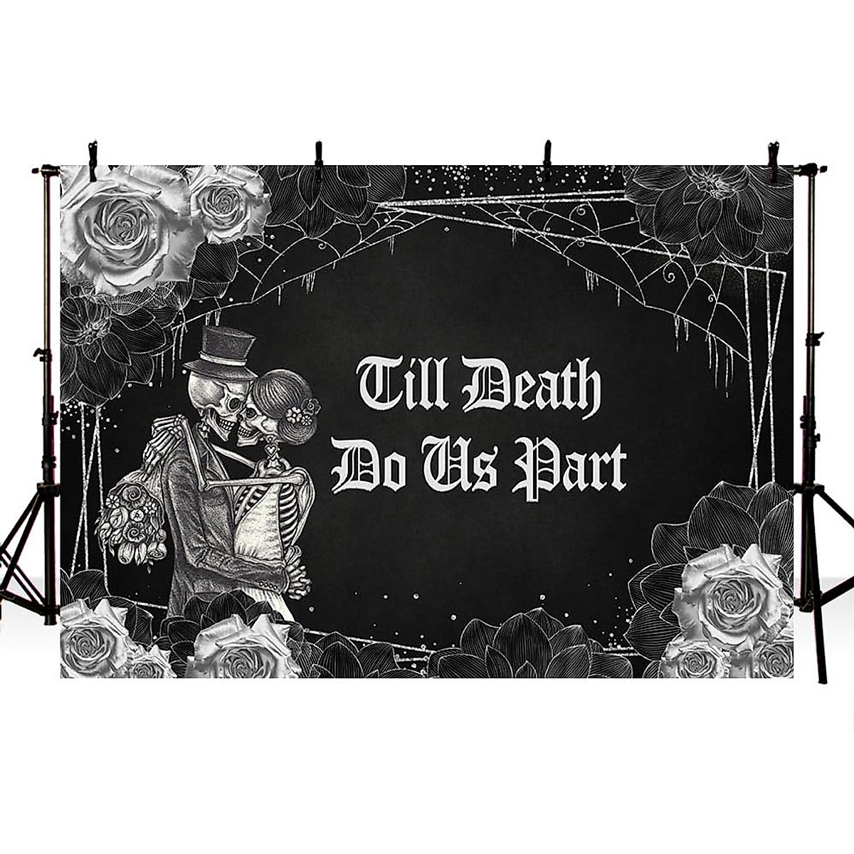 AIBIIN 7x5ft Halloween Till Death Do Us Part Backdrop Spooky Skull Gothic Wedding Party Decorations Supplies Bridal Shower Bride and Groom Mr and Mrs Anniversary Party Banner Photo Shoot Props