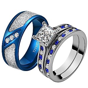 ringheart 2 His and Hers Ring Couple Rings White Gold Plated Princess Cut Cz Womens Wedding Ring Sets Red Titanium Steel Mens Wedding Bands