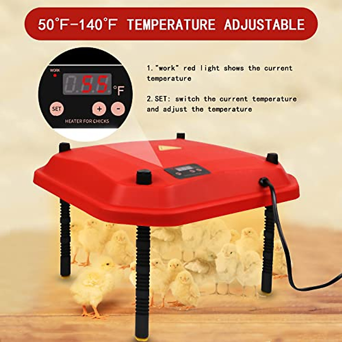 GIFANK Chicken Brooder Heating Plate for Chicks and Ducklings 16” x 16” Temperature Adjustable LED Display Adjustable Height,Safer Than Brooder Lamps Heater,Keeps Up to 30 Chicks Warm,42W