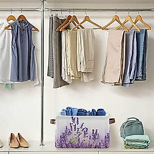 KEEPREAL Lavender Flowers Storage Basket Bin, Large Cube Storage Box Canvas Collapsible Storage Organizer for Home Office Closet - 15 L x 11 W x 9.5 H