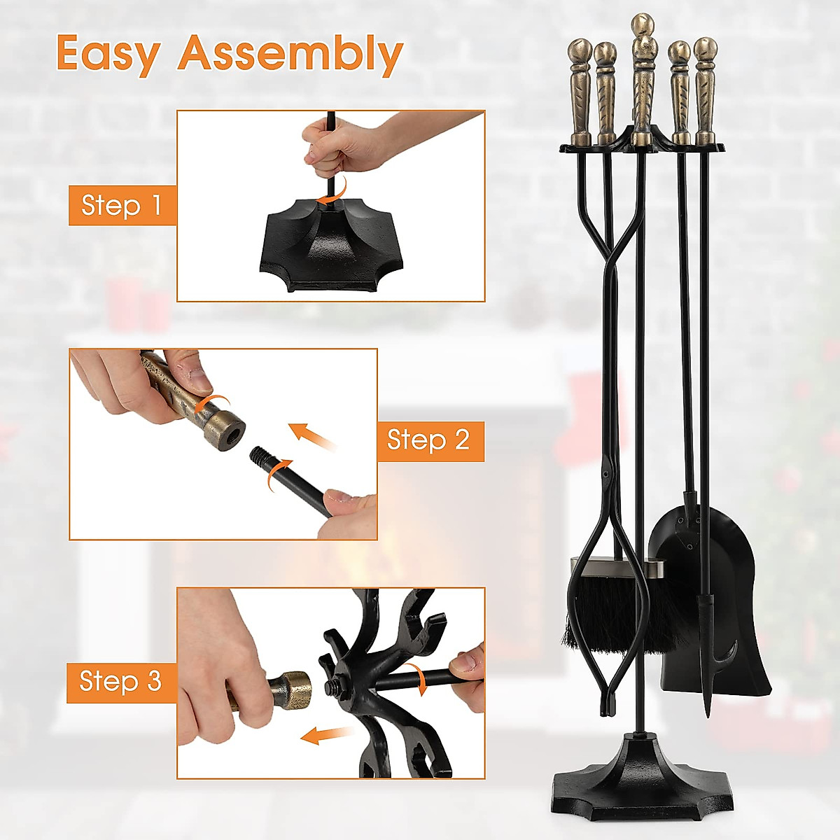 Tangkula 5 Pieces Fireplace Tools Wrought Iron Toolset 4 Tools & Decor Holder Indoor Outdoor Tong,Poker, Base, Shovel,Brush Fireplaces Hearth Accessories